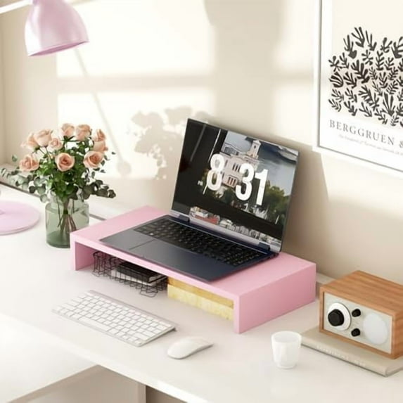 Pink Monitor Riser-20L inch, Wood Monitor Stand for Desk, Sturdy TV ...