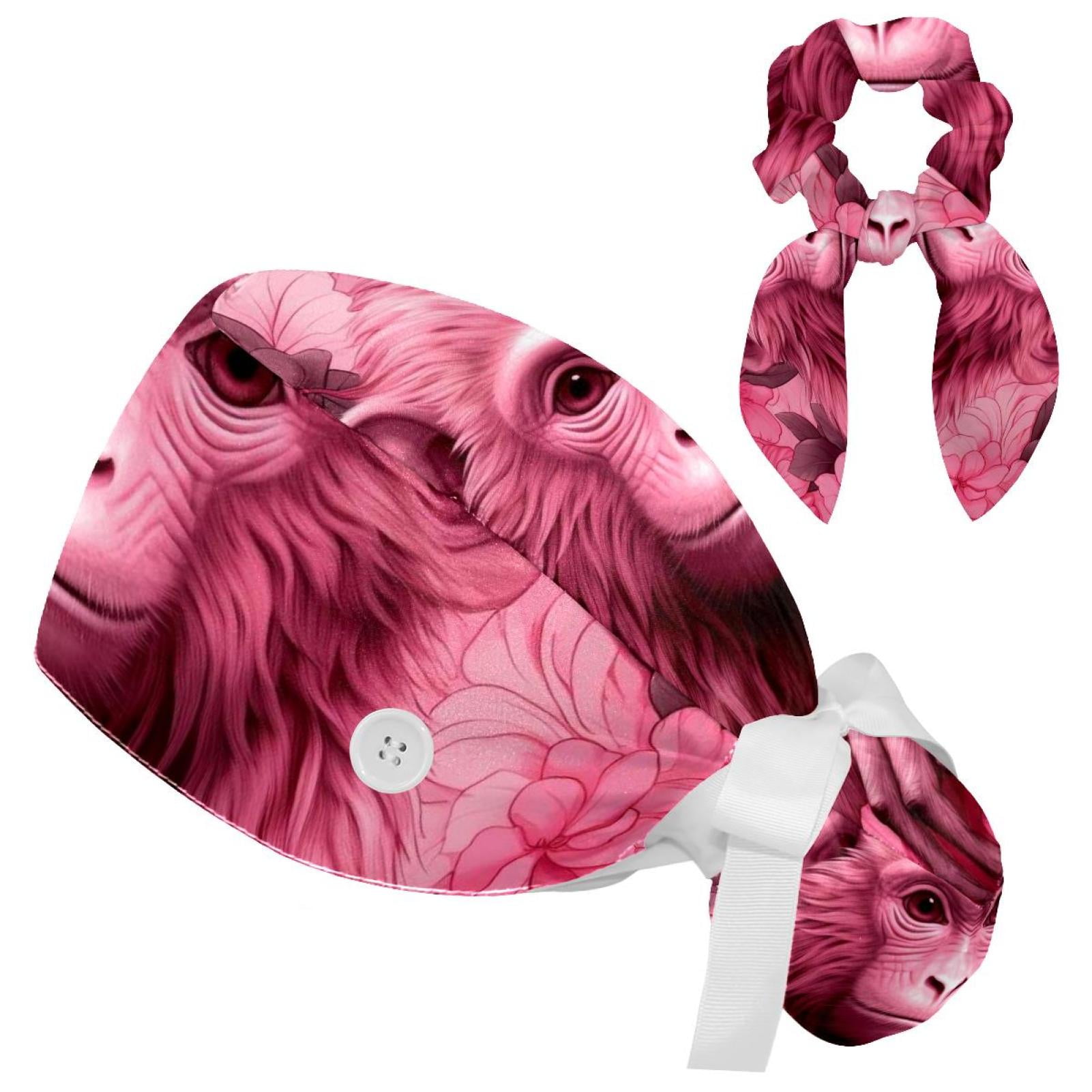 Pink Monkey Orangutan Working Hat Adjustable Scrub Cap with Bow Hair ...