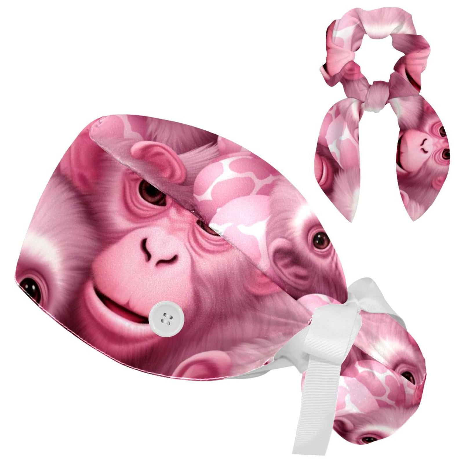 Pink Monkey Orangutan Working Hat Adjustable Scrub Cap with Buttons and ...