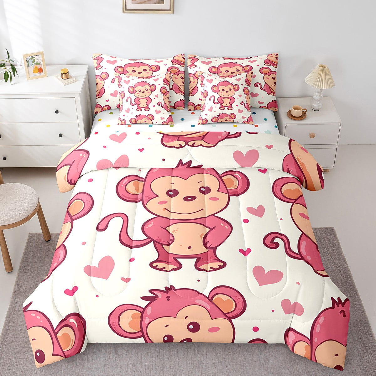 Pink Monkey Twin Bed In A Bag Kawaii Monkey Pattern Bedding Set 7 ...