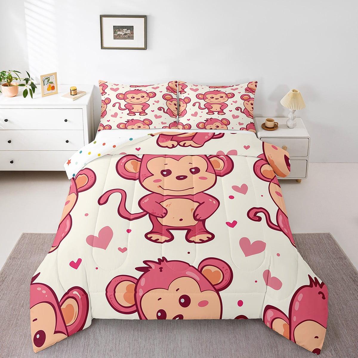 Pink Monkey Twin Down Comforter Kawaii Monkey Pattern Bedding Set,Cute ...