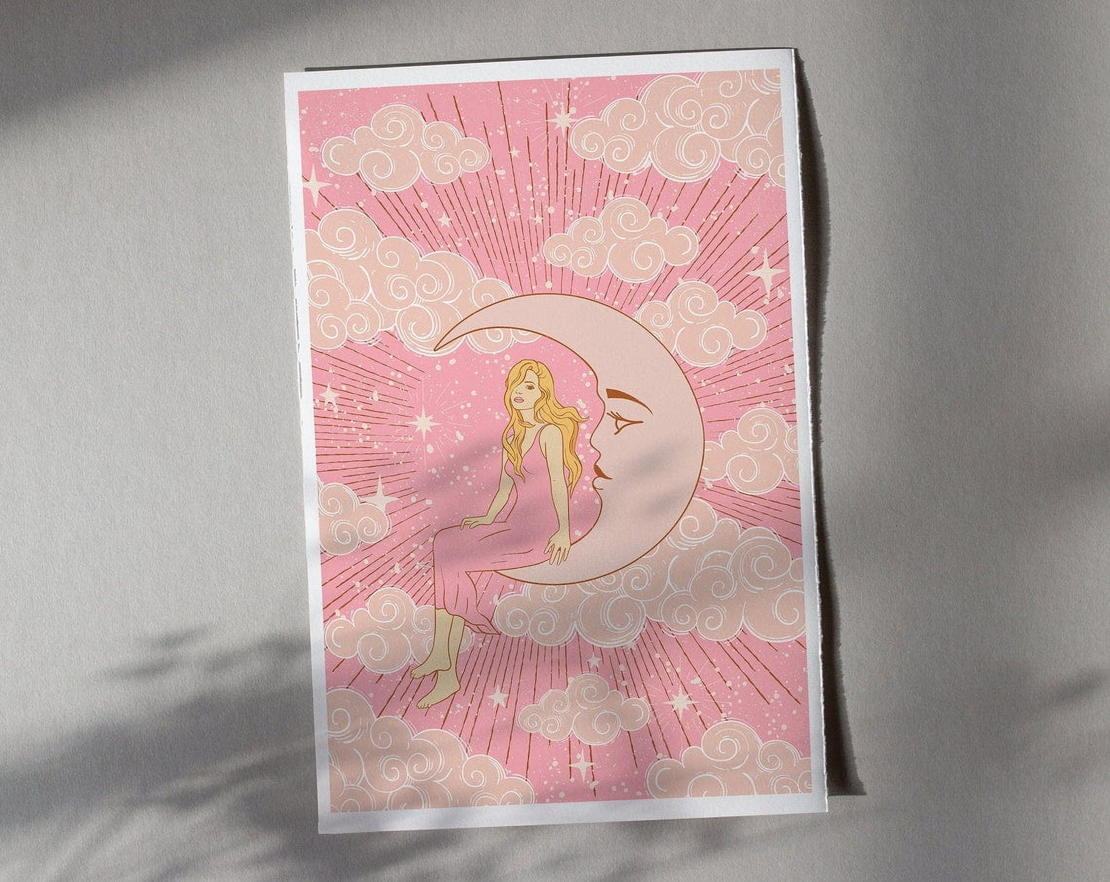 Pink Moon Poster Print, Cute Apartment Decor, Moon Goddess Art, Pink ...