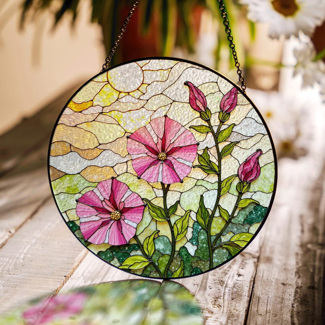 Pink Morning Glory Floral Glass Suncatcher, Round Window Decor, 3.5 in ...