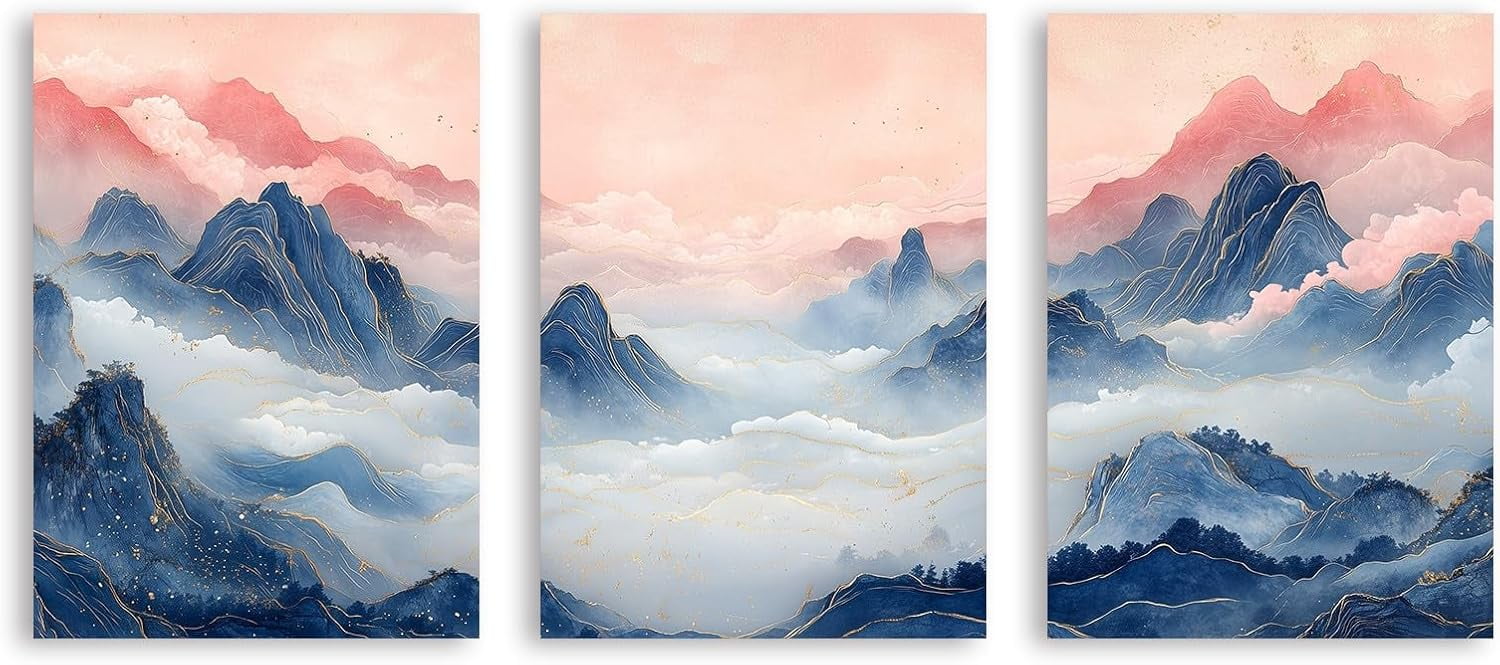Pink Mountain Wall Art set of 6 Abstract Landscape Painting Watercolor ...