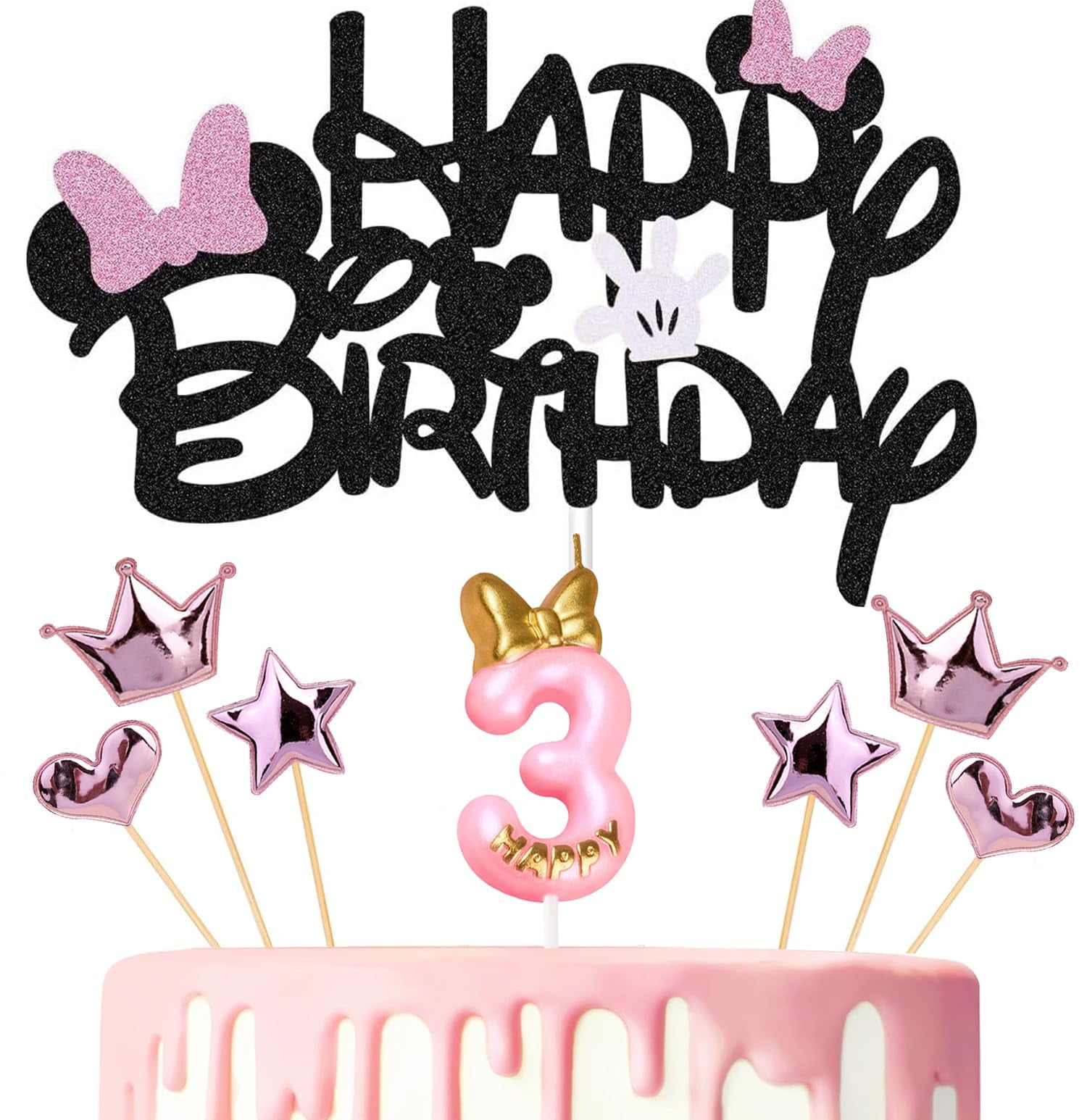 Pink Mouse 3rd Cake Topper for BSL1 Girls, Cartoon Glitter Mouse Three ...