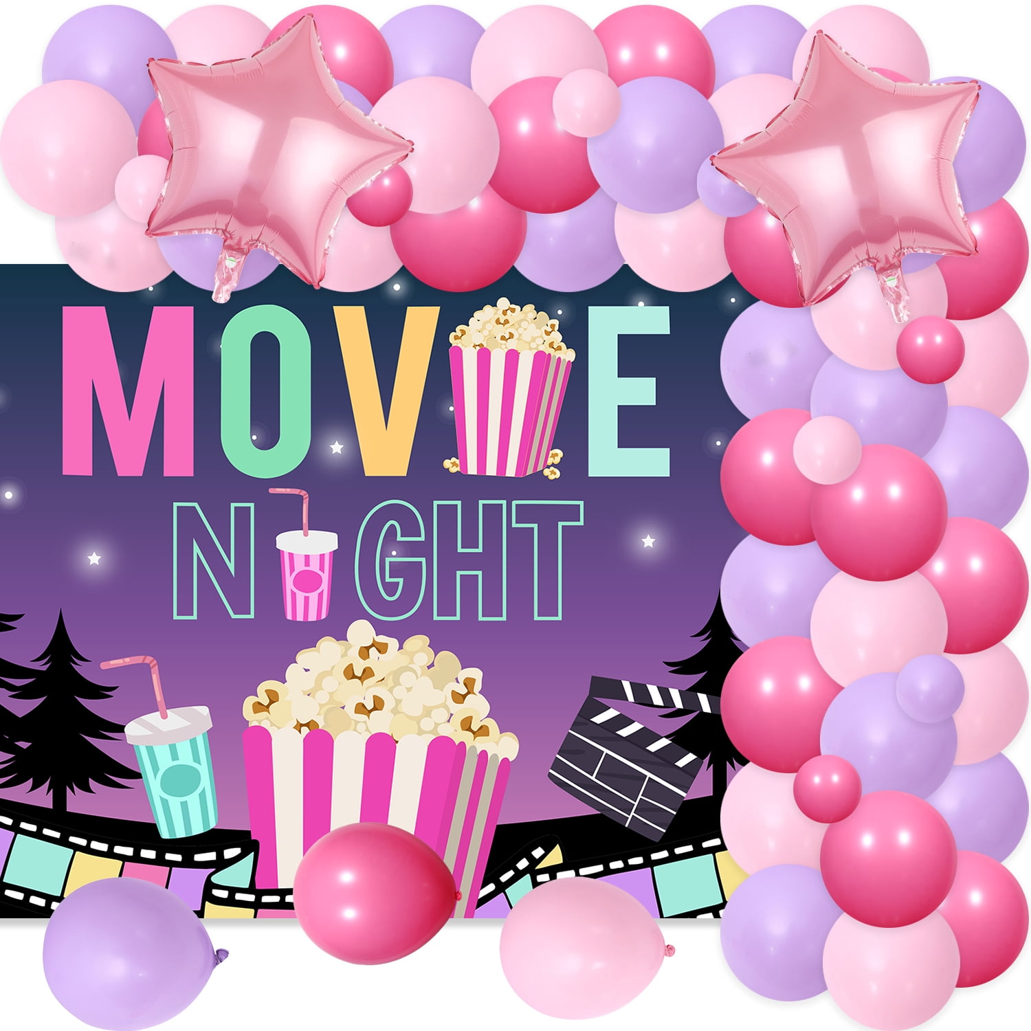 Pink Movie Night Birthday Balloon Arch Kit with Movie Night Backdrop ...