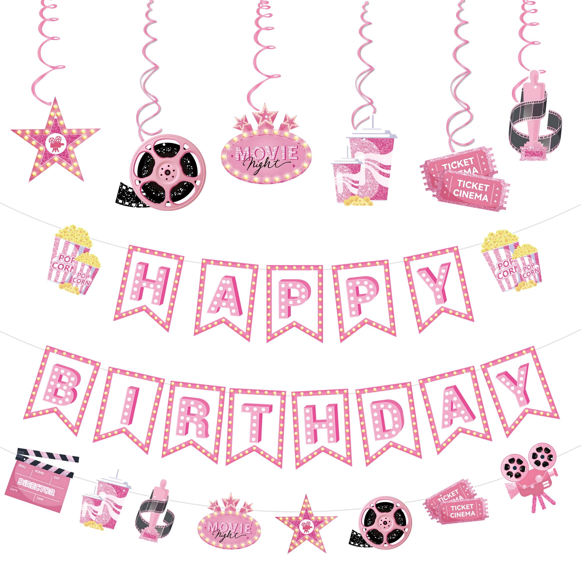 Pink Movie NightUMRT Party Decorations Kit - Popcorn, Camera & Film ...