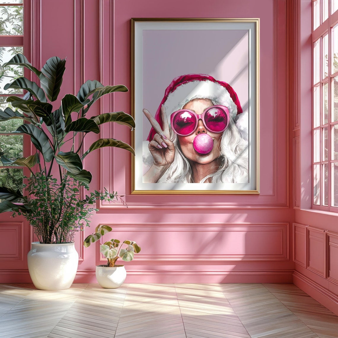 Pink Mrs, Claus Winter Art, Retro Bubble Gum Print Home Decor #2741 ...