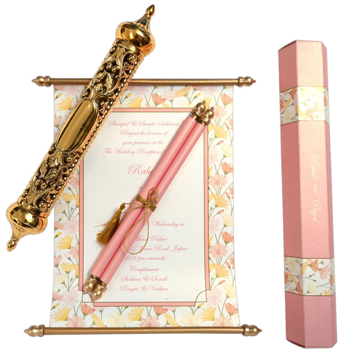 Pink & Multi Color Scroll Invitation, Rich, Elegant, Anniversary, Engagement, Bridal Shower ...