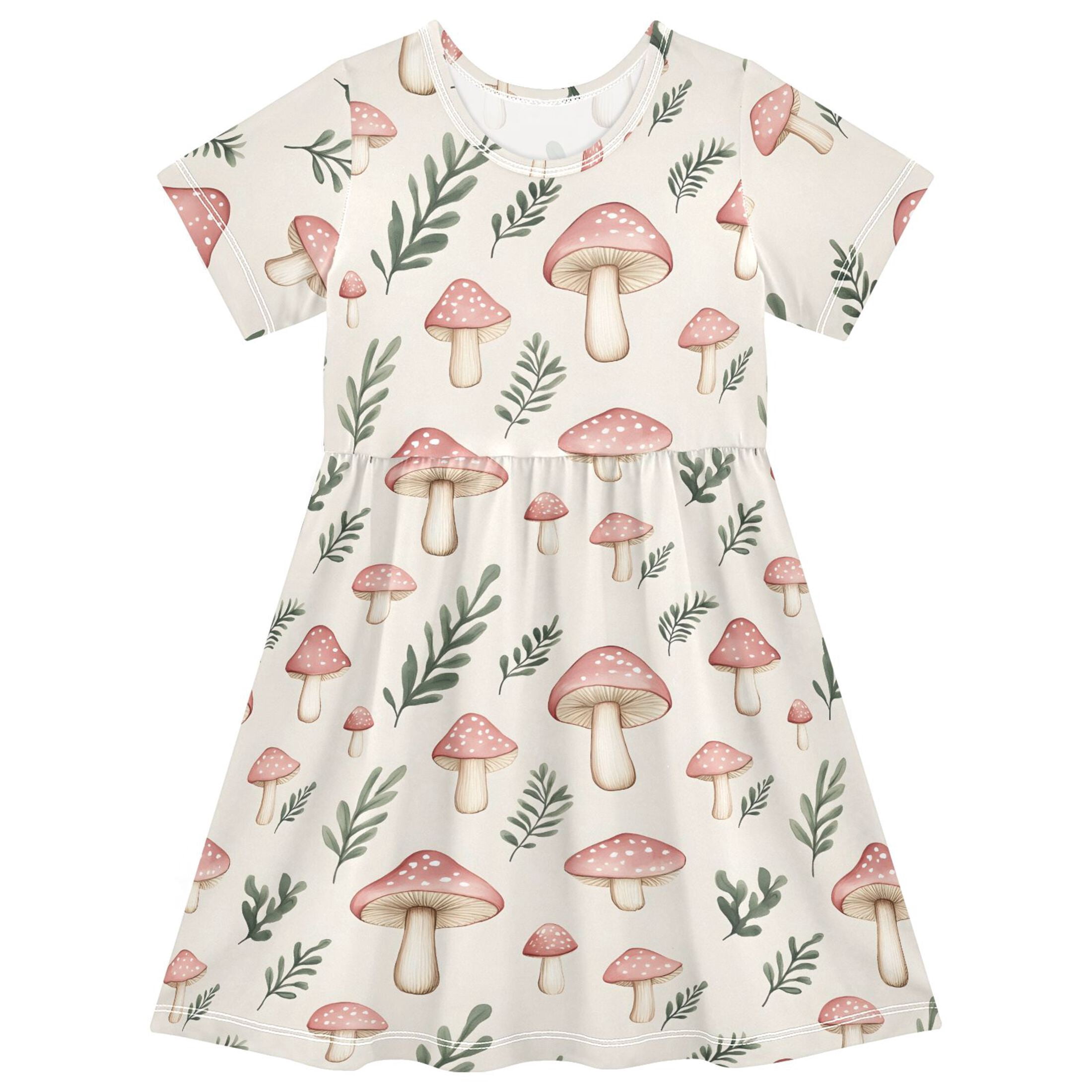 Pink Mushrooms Grass Short Sleeve Dress A-Line Cute Midi Casual ...