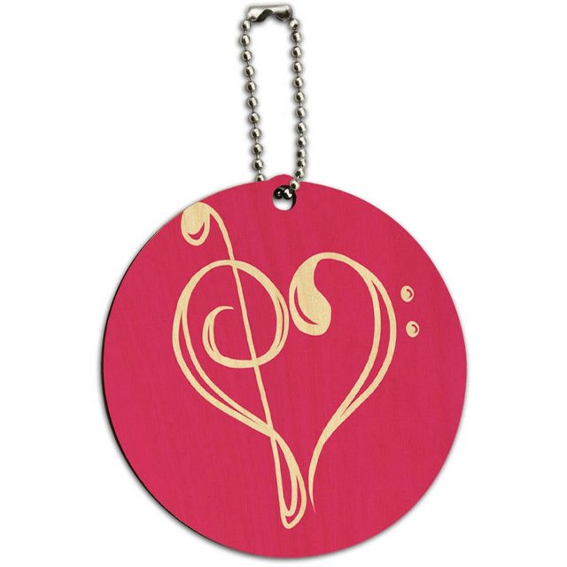 Pink Music Heart Treble Bass Clef Love Round Wood ID Tag Luggage Card ...