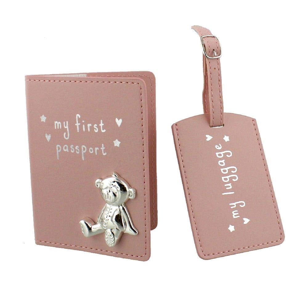 Pink My First Passport & Luggage Tag Faux Leather Gift Set with Silver ...