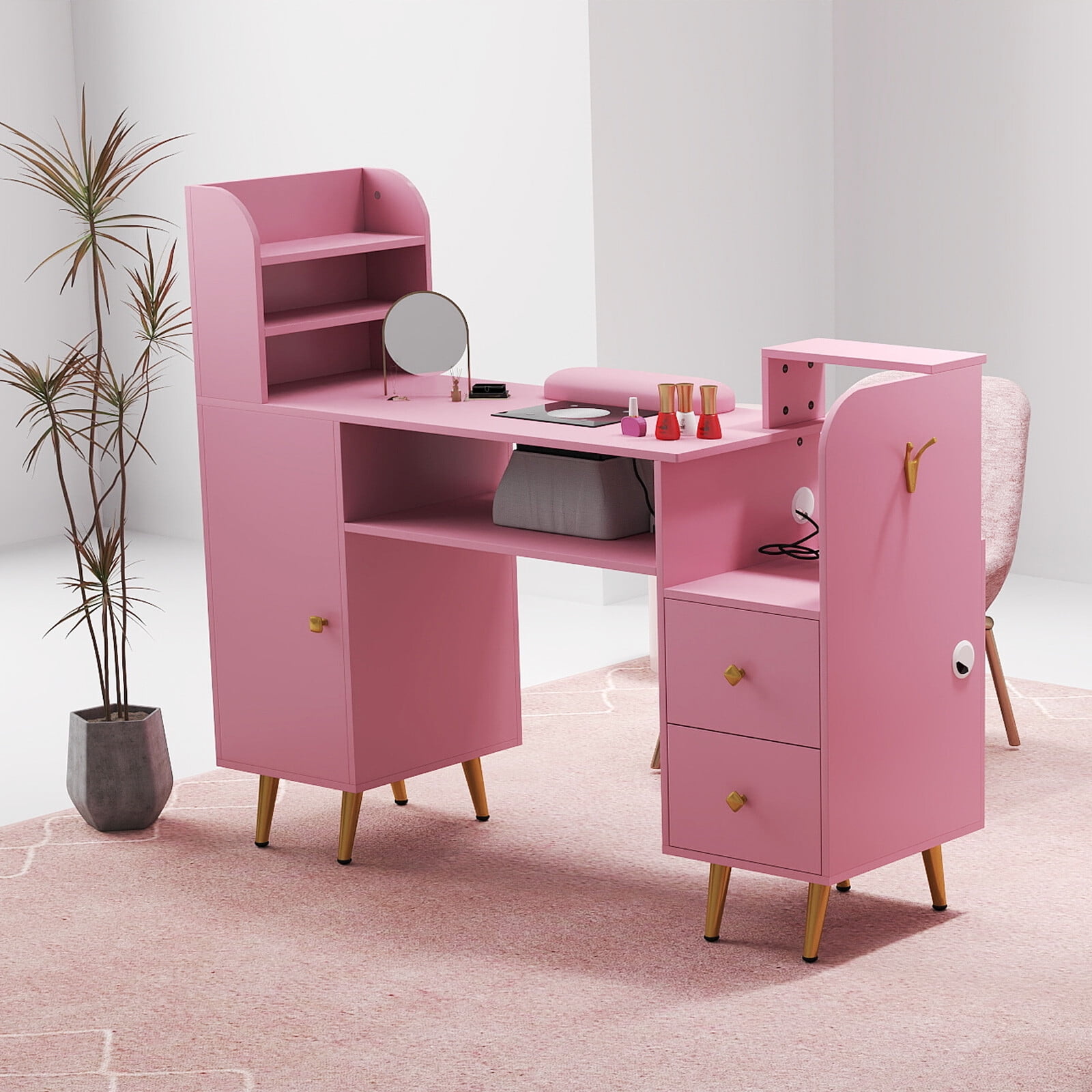 Pink Nail Desk Manicure Table Station w/ Dust Collector,Shelf,Drawer ...