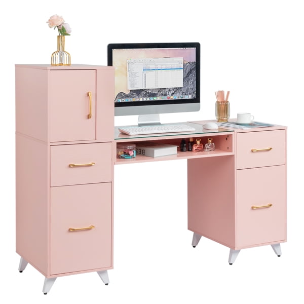 Pink Nail Salon Table with 3 Doors & 2 Drawers - 141x50x112cm Tempered ...