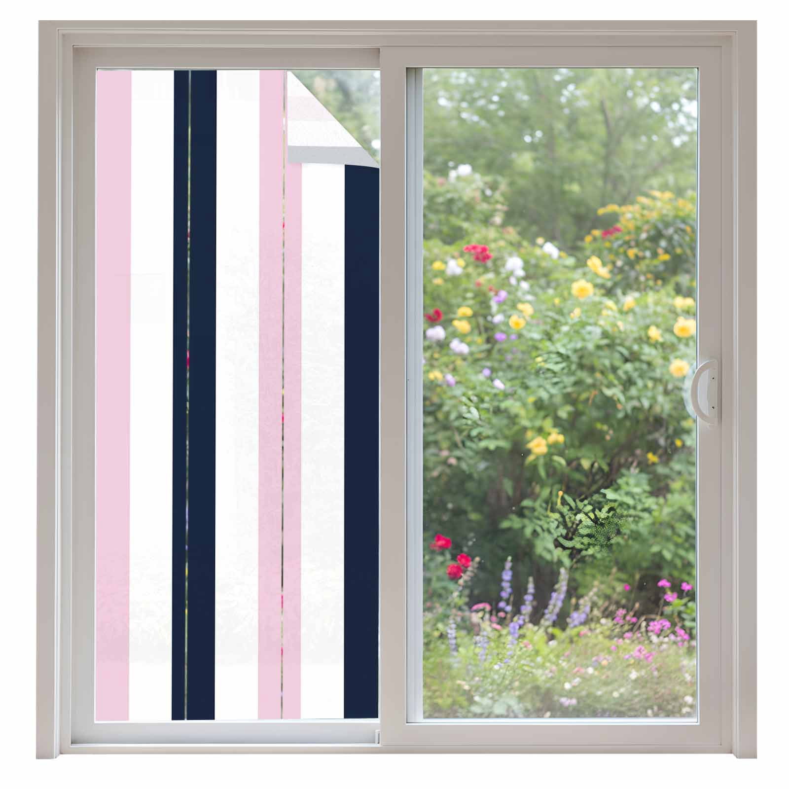 Pink Navy Blue Striped Window Privacy Film, Farmhouse Stripe Art Static ...