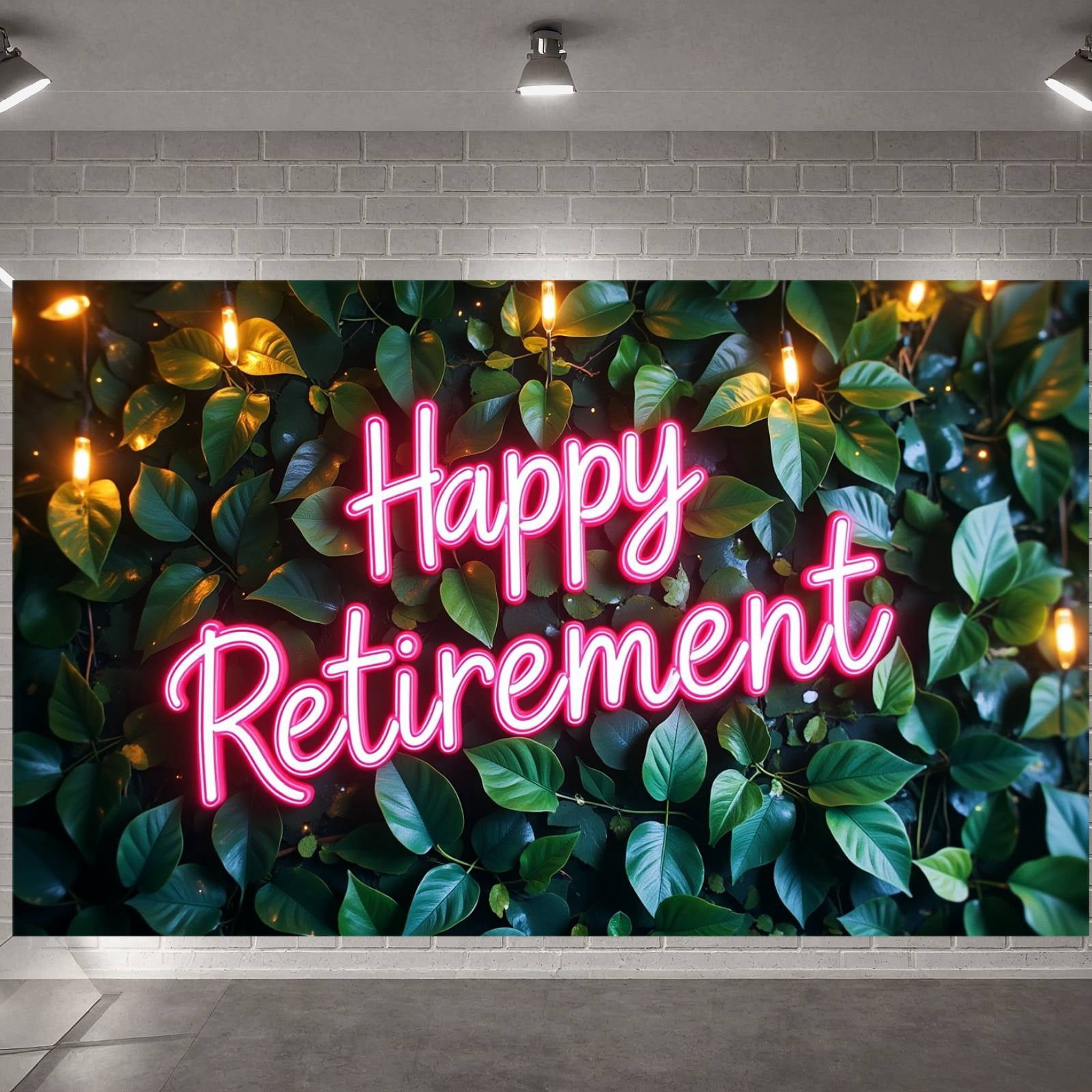 Pink Neon Happy Retirement Banner Greenery Backdrop Glowing Lettering ...