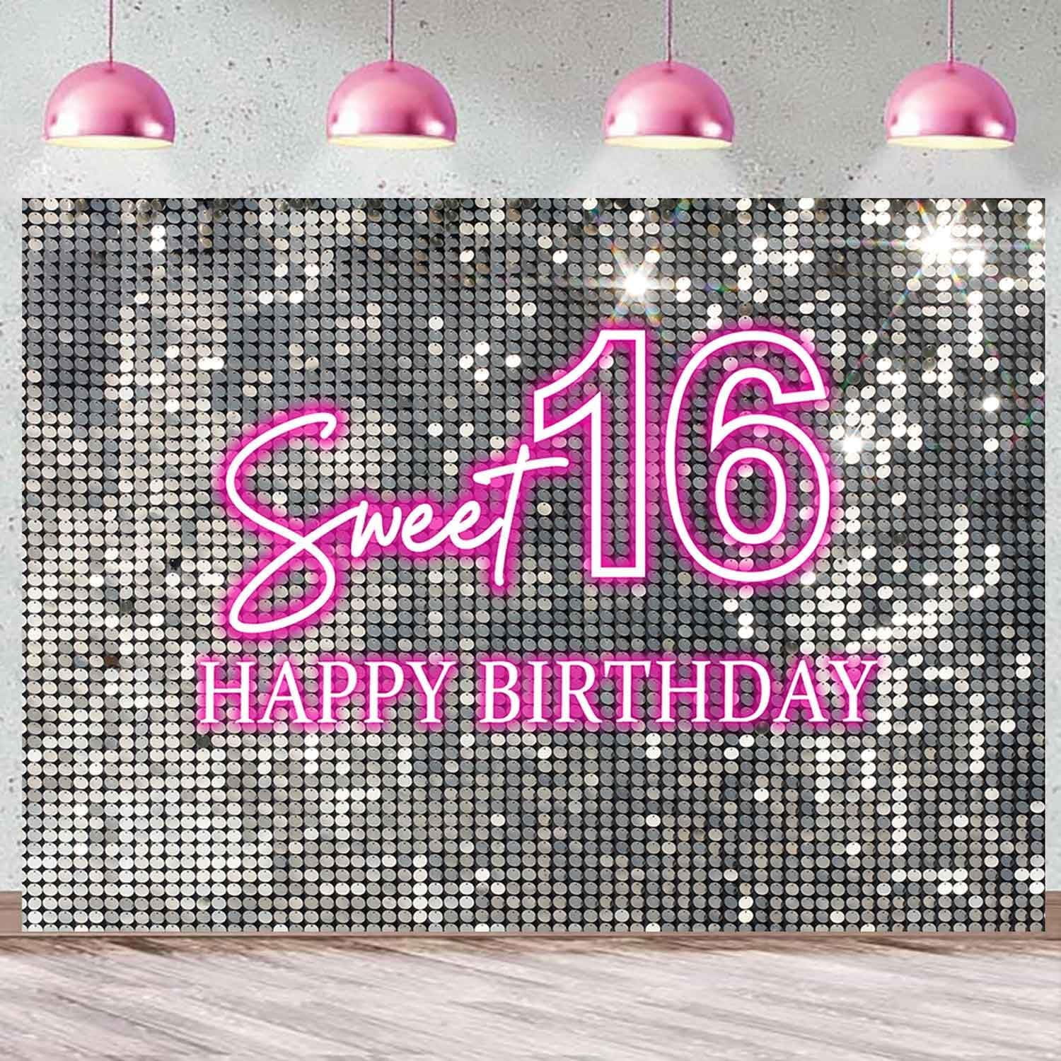 Pink Neon Sweet 16 Birthday Backdrop Silver Flash Square Sweet Sixteen ...