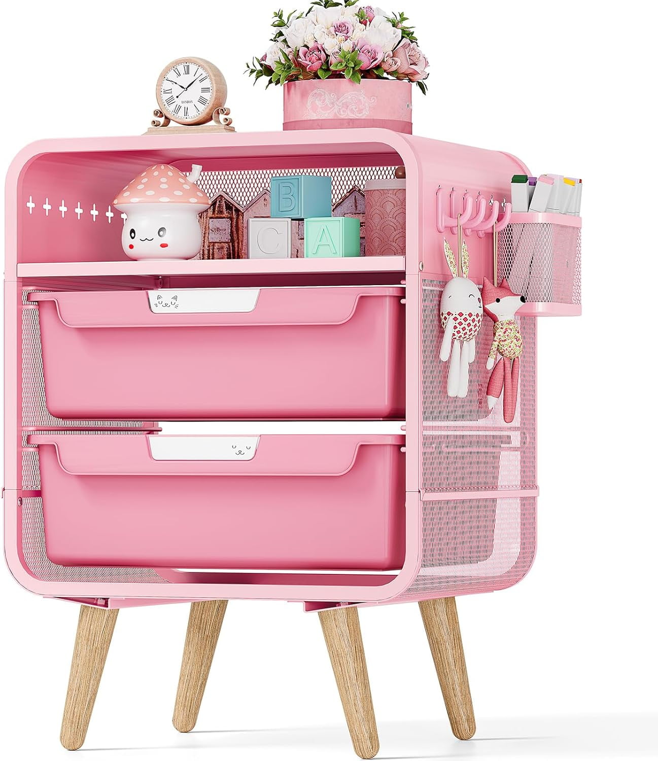 Pink Nightstand,Cute End Table with Storage Drawer,Kids Nightstand for ...