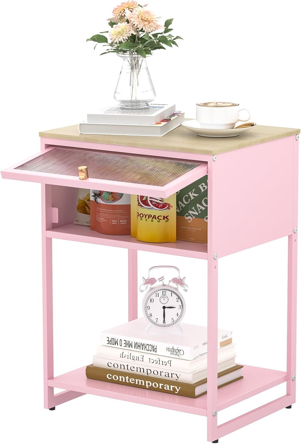 Pink Nightstand,End Tables with Storage Drawer,Bedside Table with Open ...