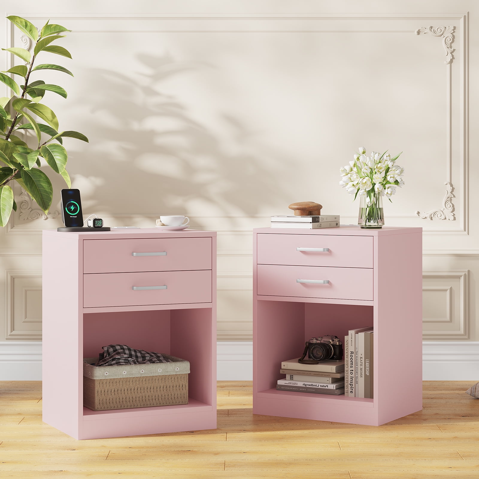 Pink Nightstand with Charging Station and Drawer, Modern End Table with ...