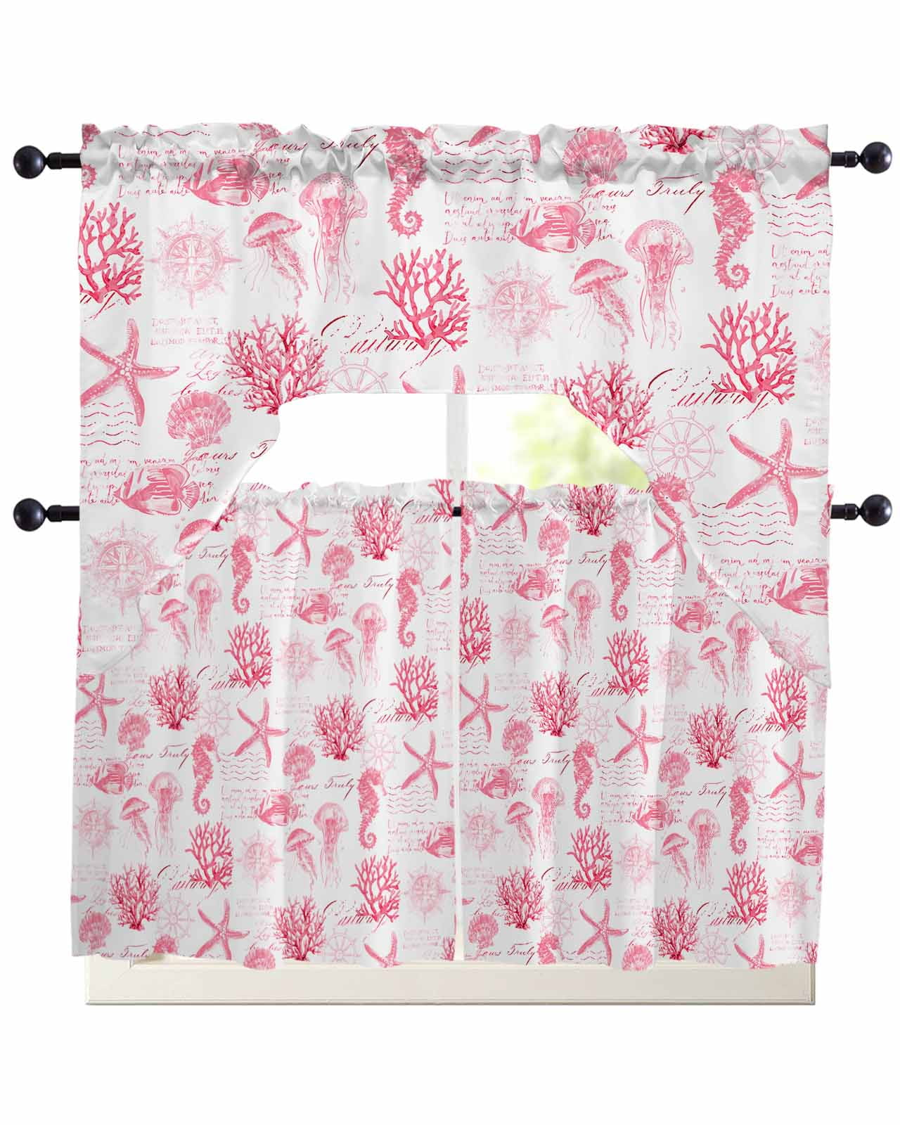 Pink Ocean Coastal Kitchen Curtains Swag Valance and Tier Curtains Set ...