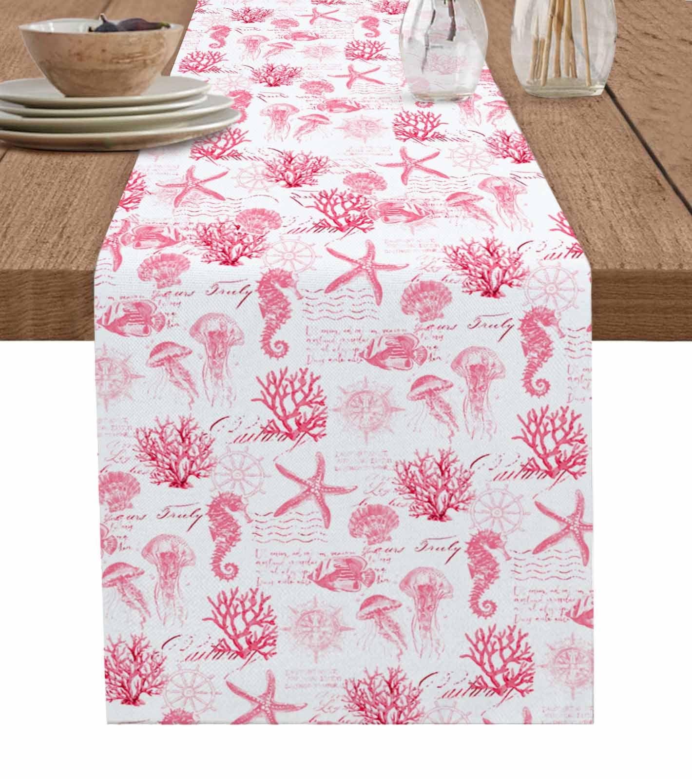 Pink Ocean Coastal Table Runner 72 Inches, Nautical Starfish Jellyfish ...