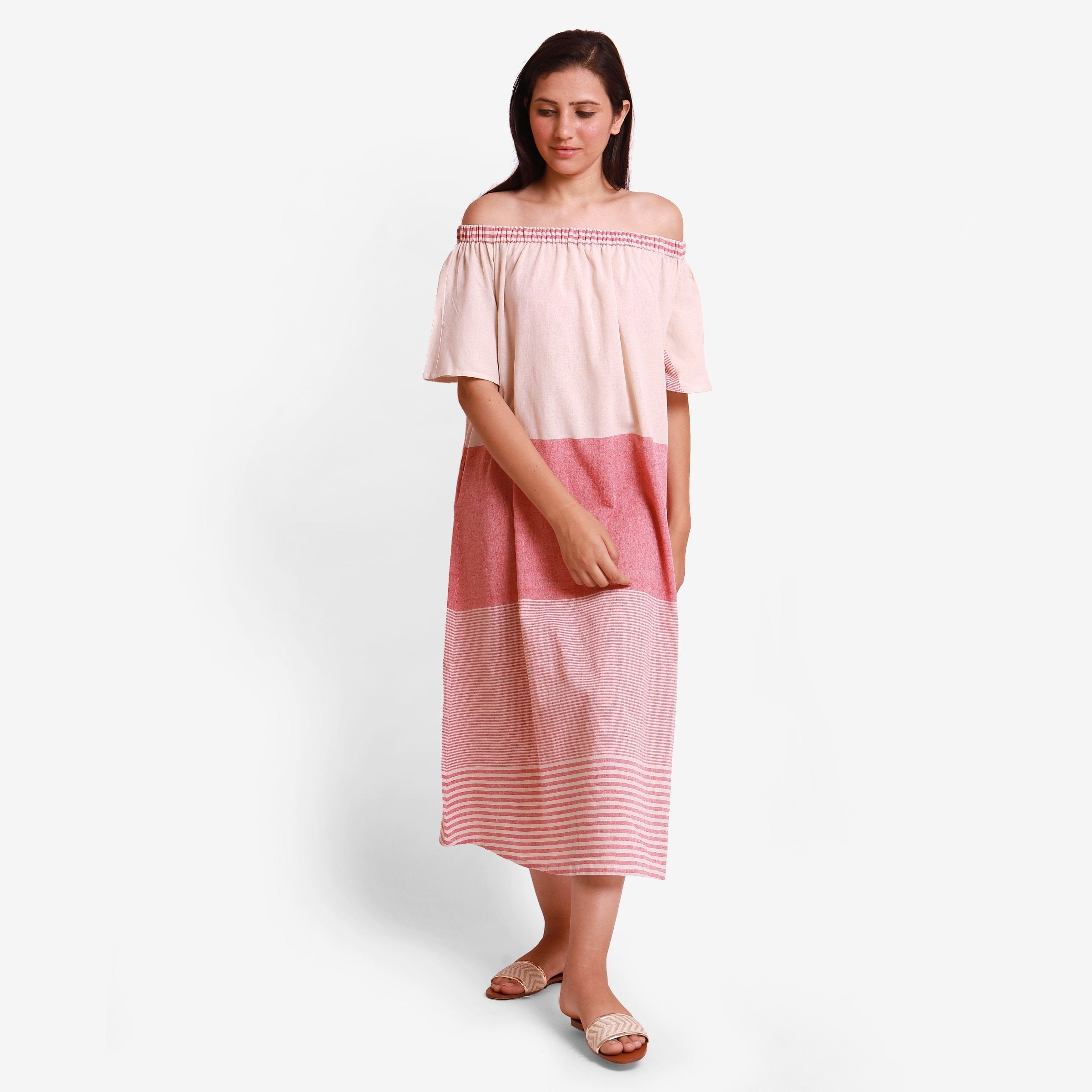 Pink Off Shoulder 100% Cotton Flared Maxi Dress - Walmart.com