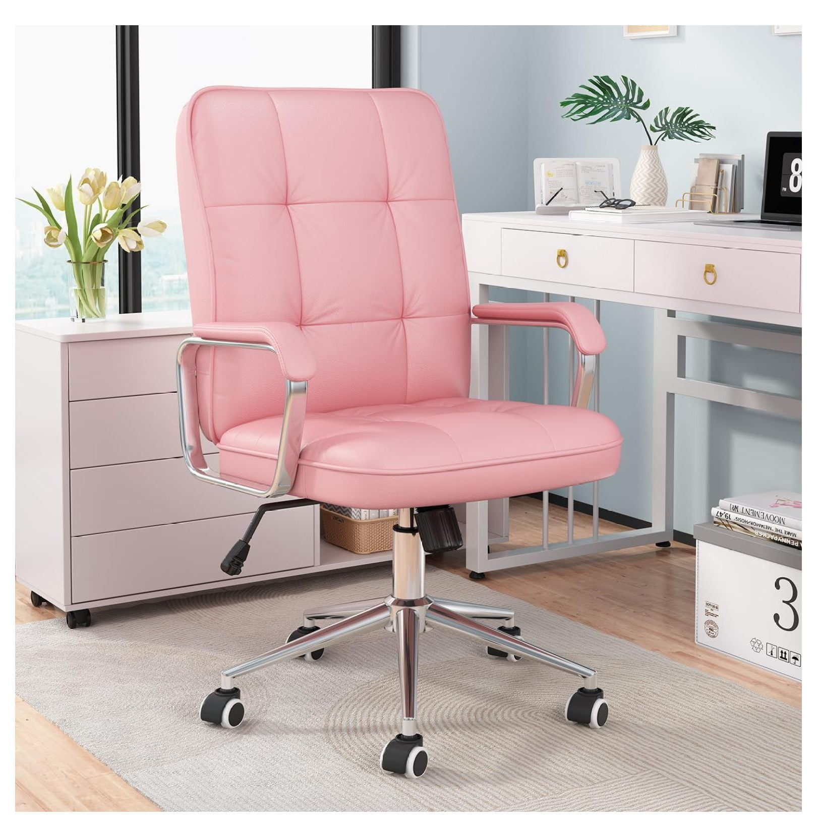 Pink Office Chair with Soft Leather, Swivel Executive Office Desk Chair ...