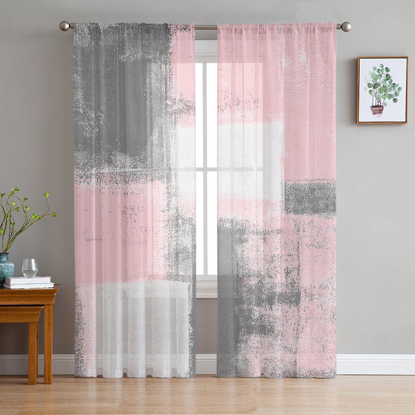 Pink Oil Painting Texture Paint Sheer Curtains for Living Room ration ...