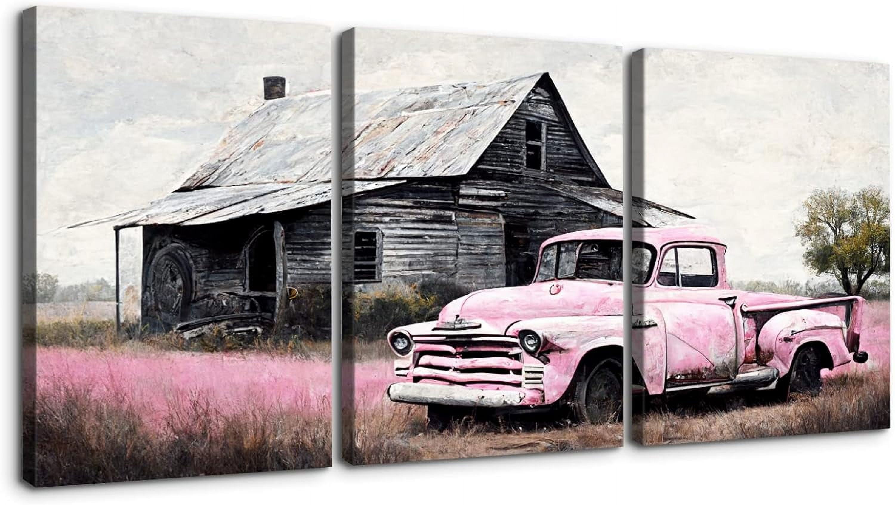 Pink Old Car, Old House, Farm, Wilderness Painting Wall Art on Canvas ...