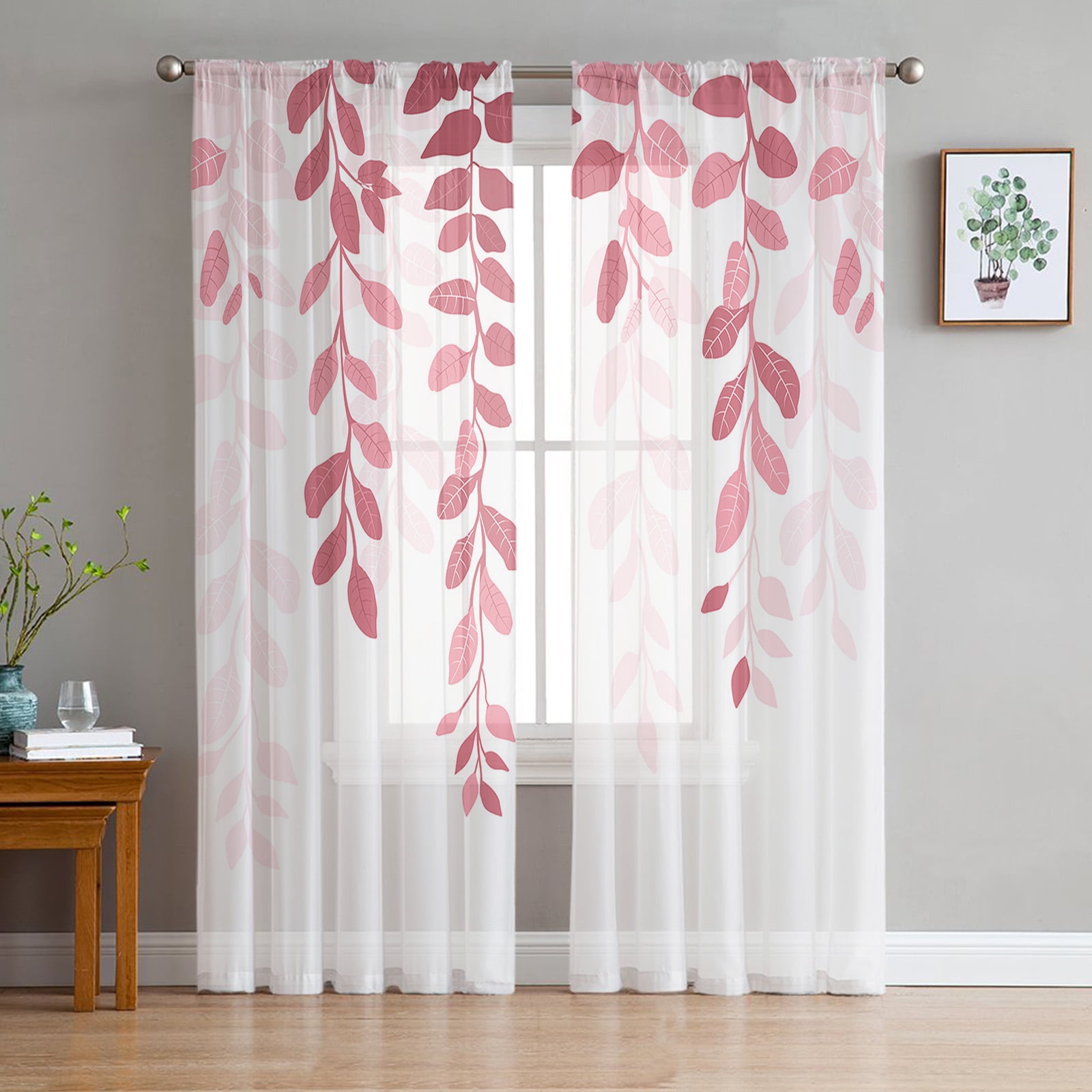 Pink Ombre Botanical Semi Sheer Curtains 72 Inch Length 2 Panels Set, Watercolor Country ...