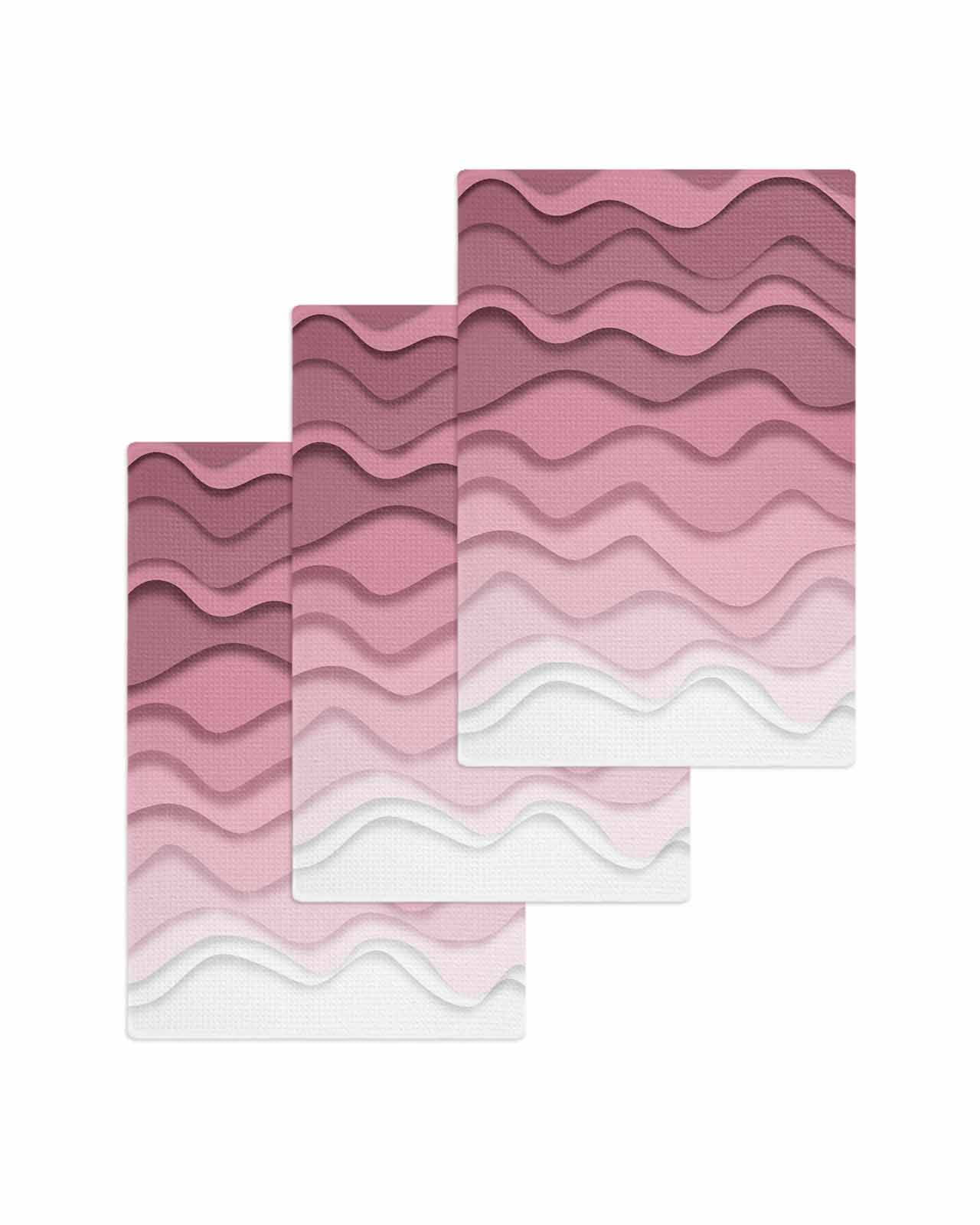 Pink Ombre Stripes Kitchen Dish Towels for Drying Dishes Set of 3, Modern Roman Abstract Waves ...