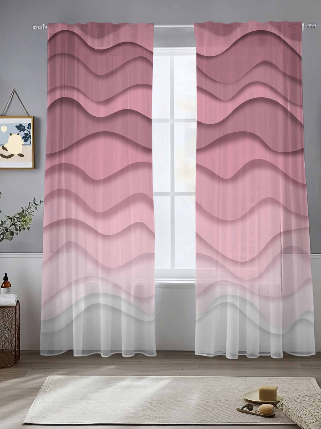 Pink Ombre Stripes Sheer Curtains for Living Room Bedroom Modern Roman Abstract Waves Art Sheer ...