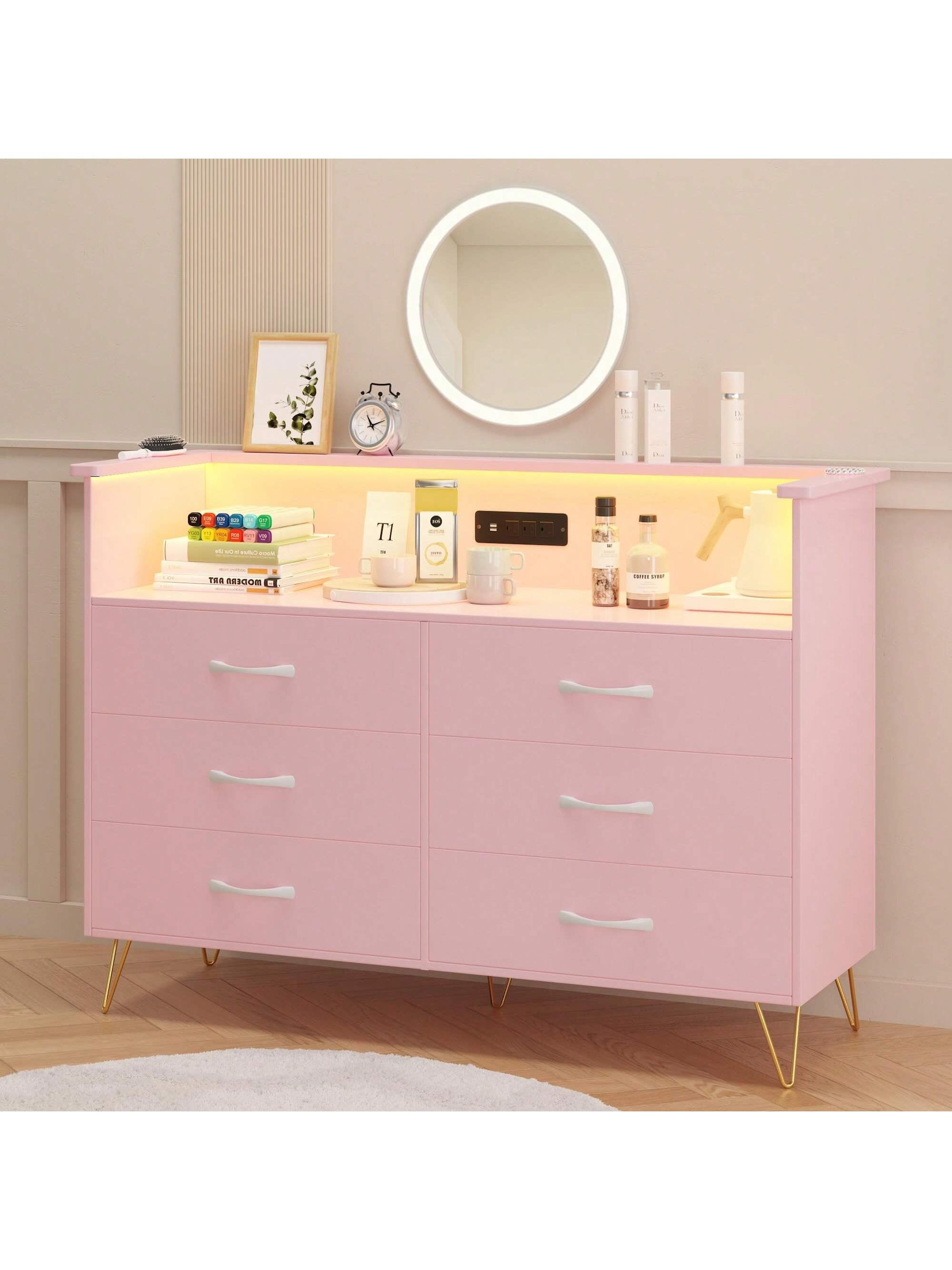 Pink One Size Dresser For Bedroom With LED Light & Charging Station, 6 ...