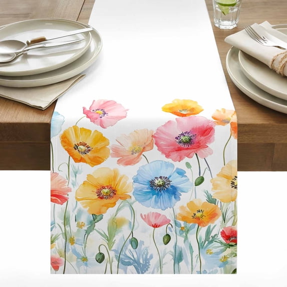 Pink Orange Blue Poppy Table Runner 13x36 inch Watercolor Floral Cotton ...