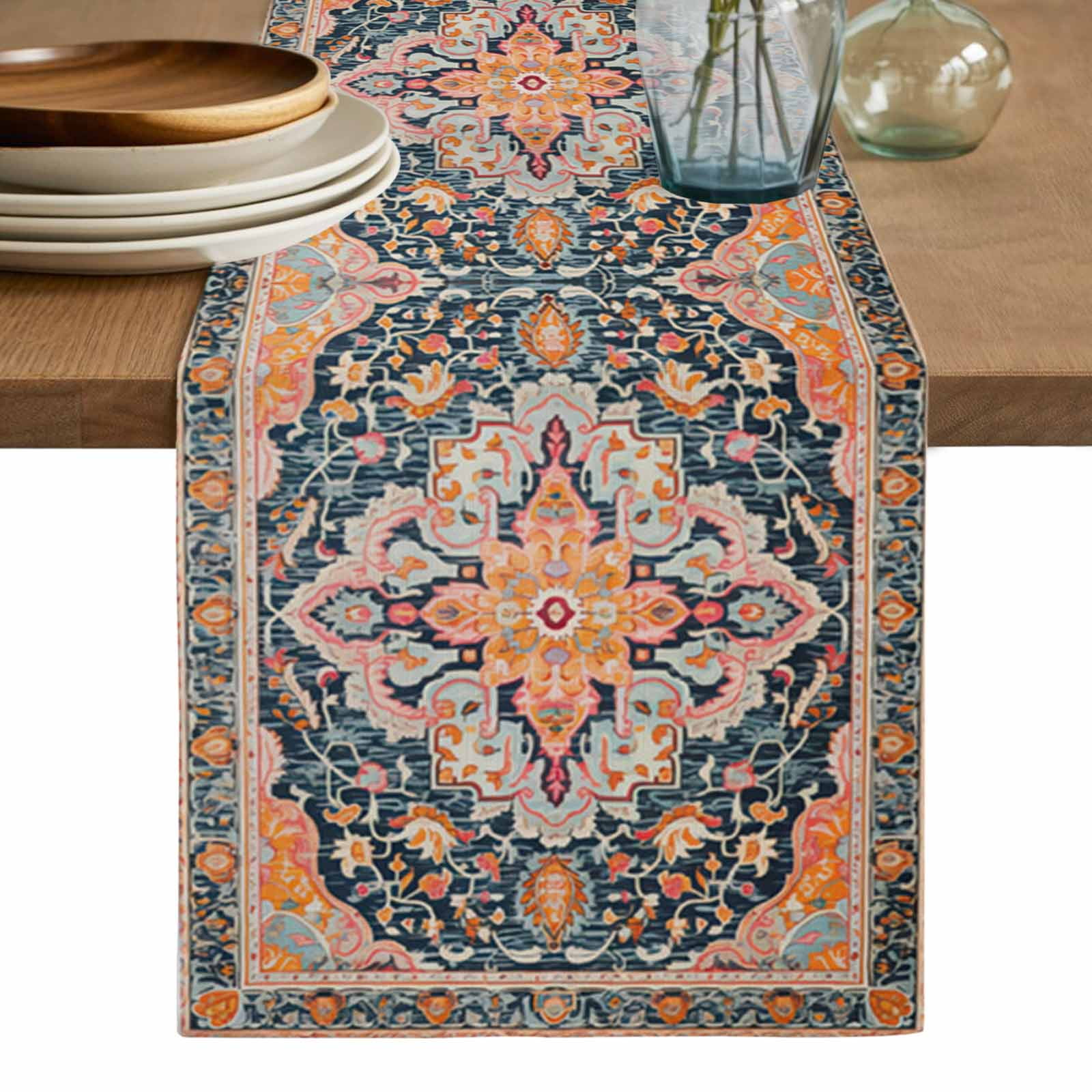 Pink Orange Blue Table Runner, Ethnic Middle Century Geometric Art ...