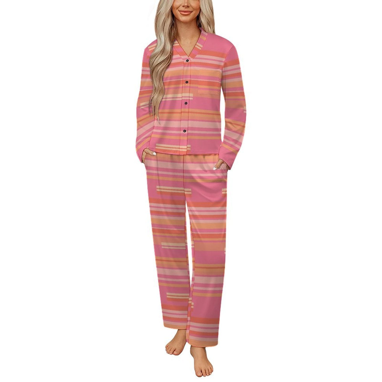 Pink Orange Horizontal Stripes Simple Pattern Womens Pyjamas Set Button ...