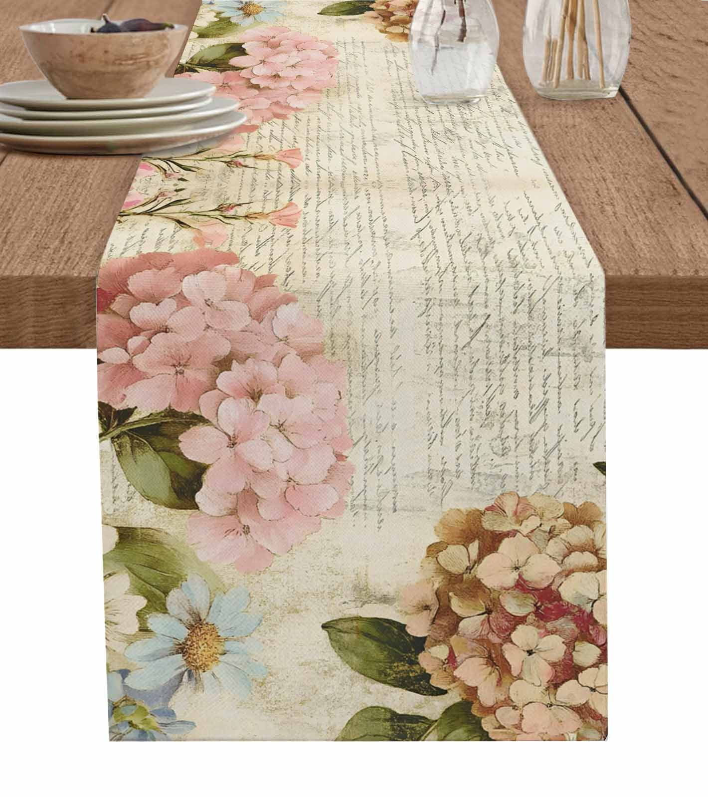 Pink Orange Hydrangea Table Runner 72 Inches, Spring Vintage Botanical ...