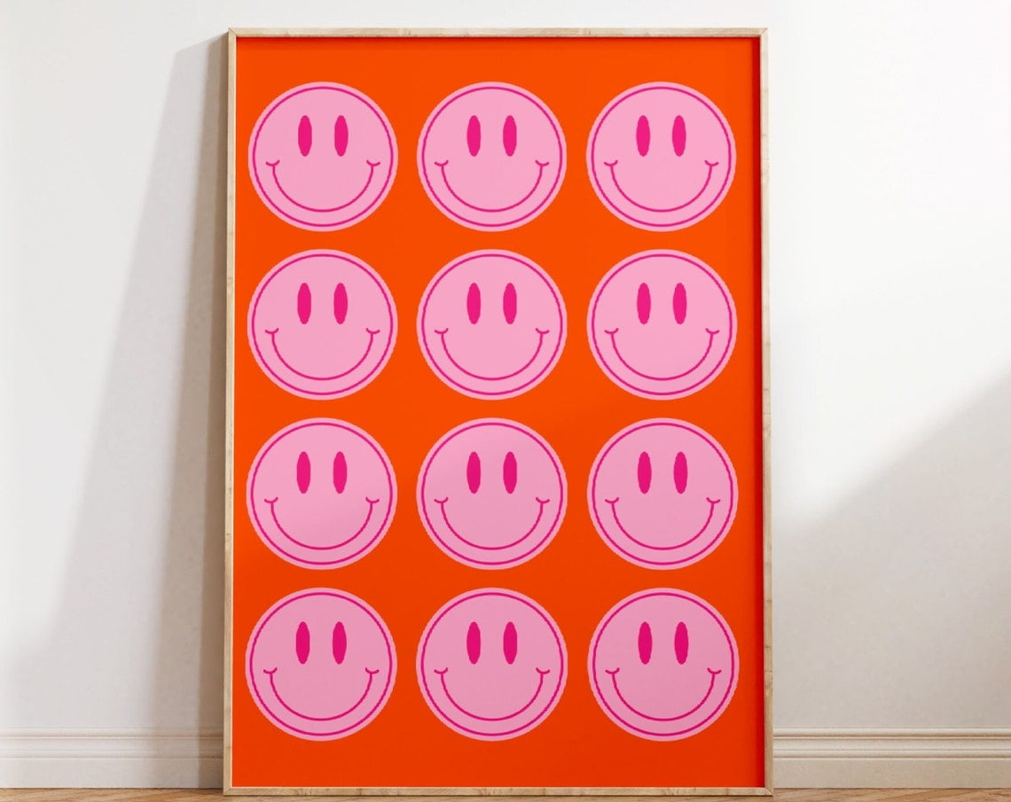 Pink Orange Smiley Face Poster, Preppy Orange Fun Wall Art, Preppy Pink ...