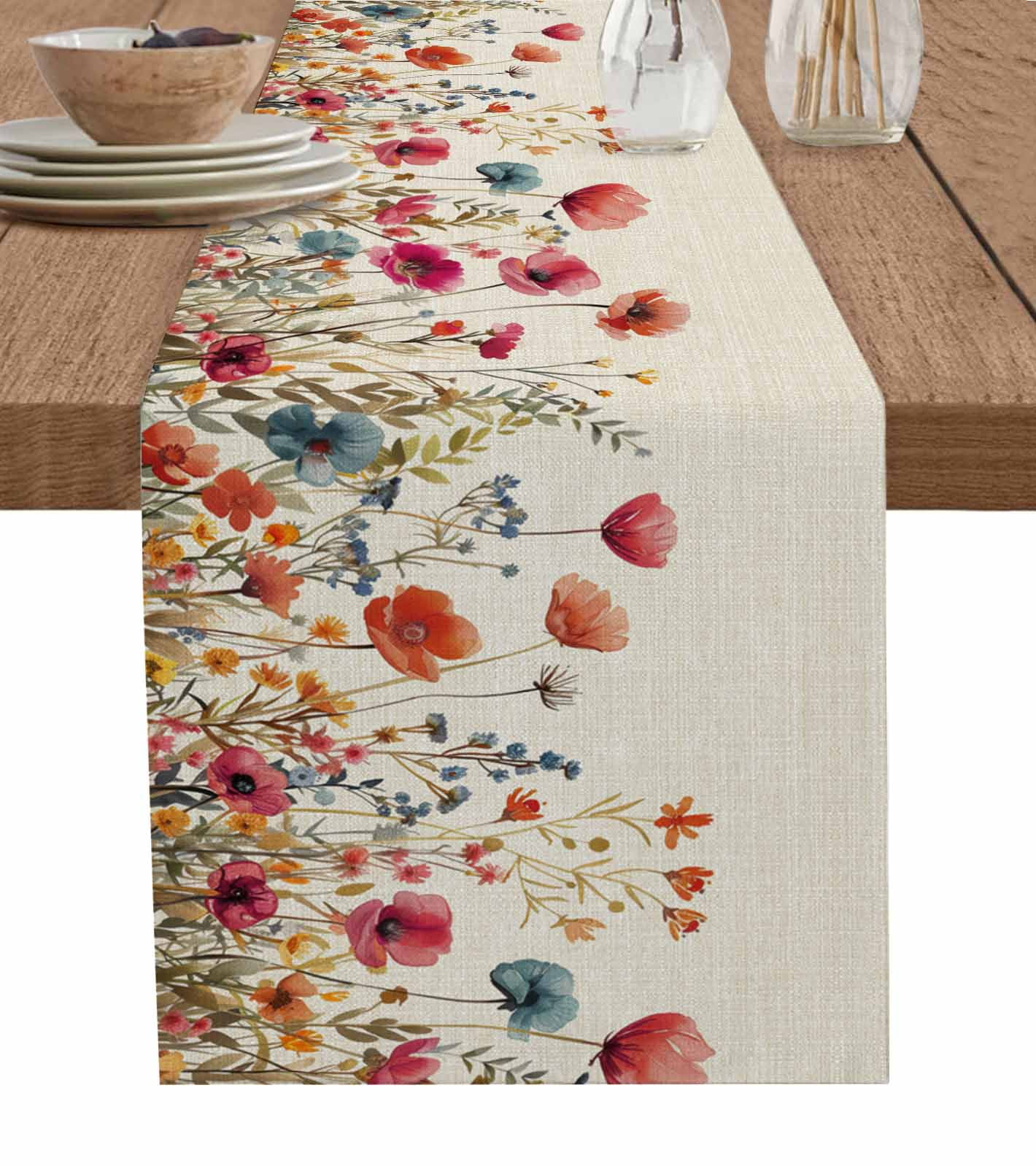 Pink Orange Teal Spring Floral Table Runner Watercolor Botanical Summer Flowers Tablerunners 13 ...