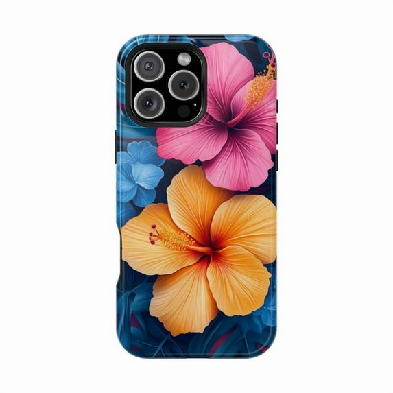 Pink & Orange Tropical Hibiscus Flower with Teal Plants Case for iPhone ...