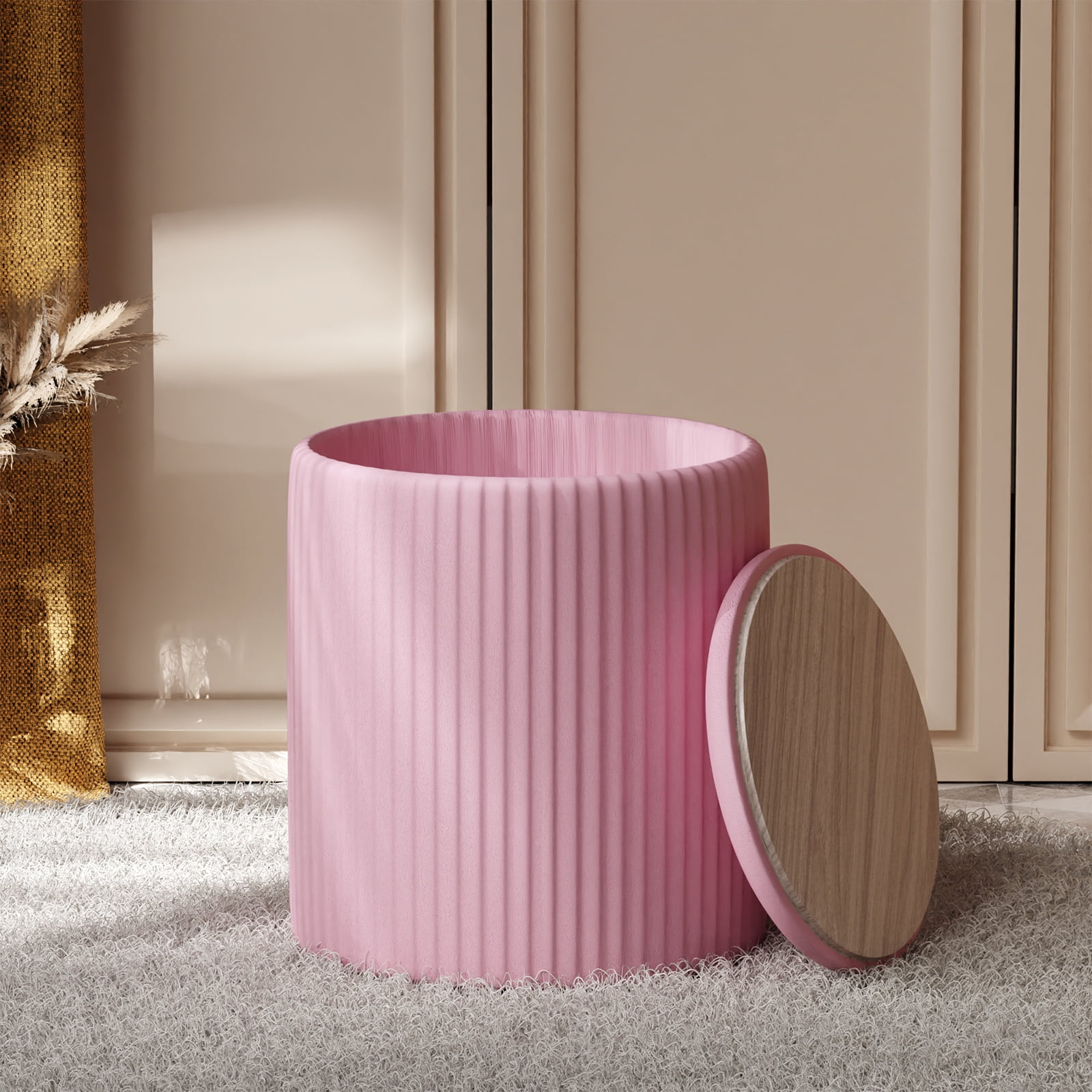 Pink Ottoman with Storage Velvet Upholstered Round Vanity Stool ...