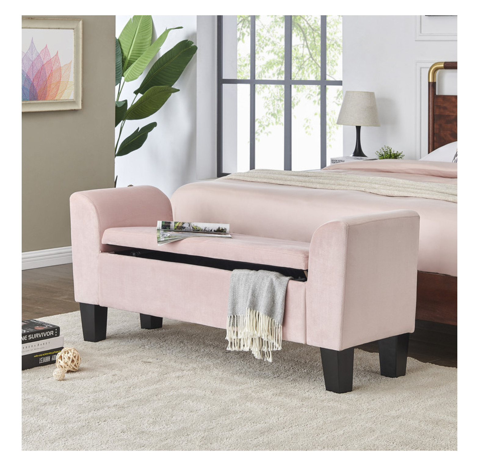Pink Ottoman with Storage 55", Mila Velvet Storage Ottoman Bench ...