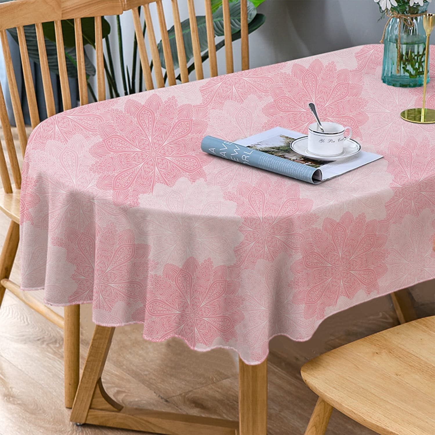 Pink Oval Tablecloth, Boho Oval Tablecloth, Pink Flowers Print Table ...