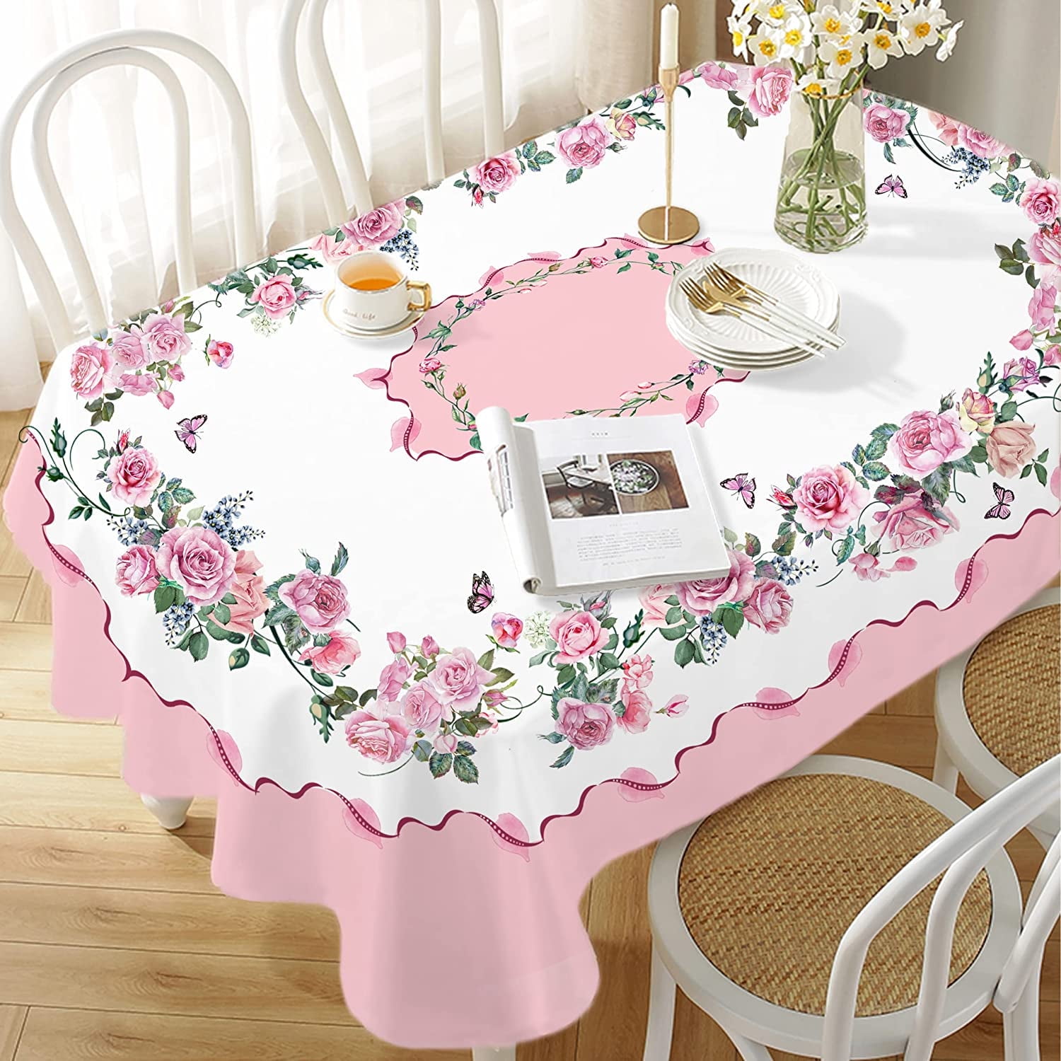 Pink Oval Tablecloth, Rose Flower Printed Tablecloth, Spring Summer ...