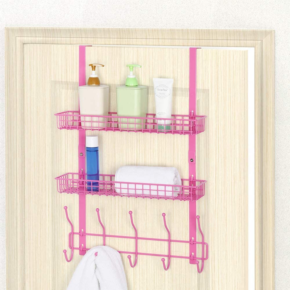 Pink Over The Door Metal Hook Storage Rack (With 2 Baskets) Hanging ...