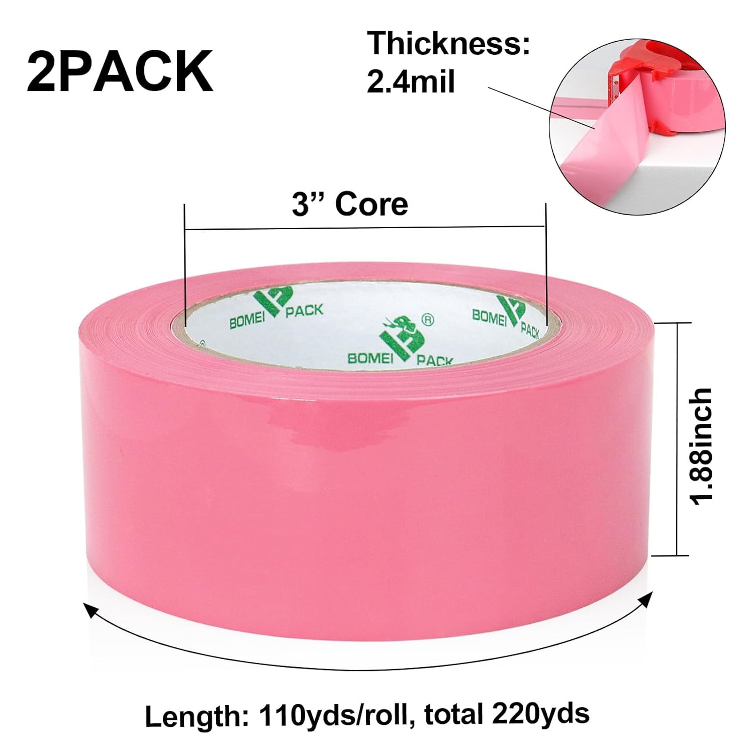 Pink Packing Tape With Dispenser, 2.4 Mil 1.88 Inch X 110 Yards, 2 ...