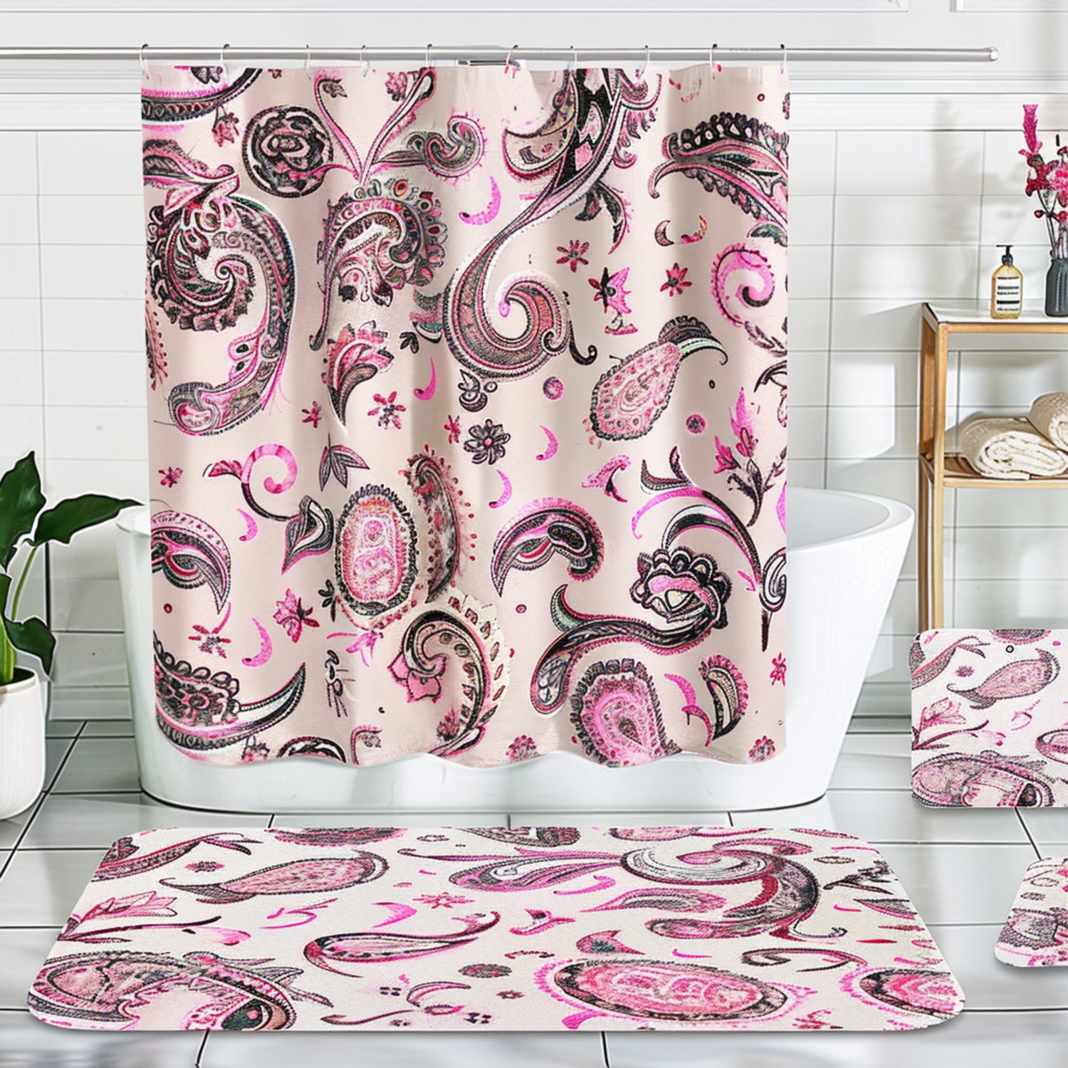 Pink Paisley Bathroom Set with High-Resolution Shower Curtain and White ...