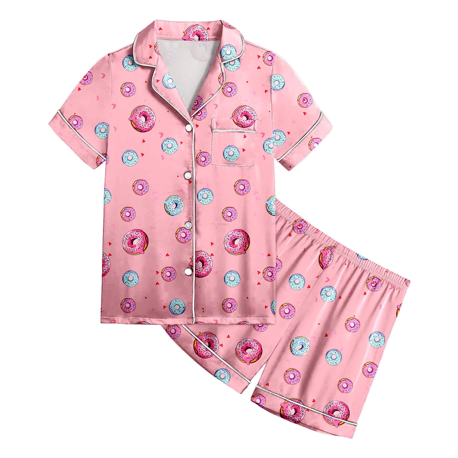 Pink Pajamas for Girls 12/14 Fashion Flower Print Short Sleeve Button ...