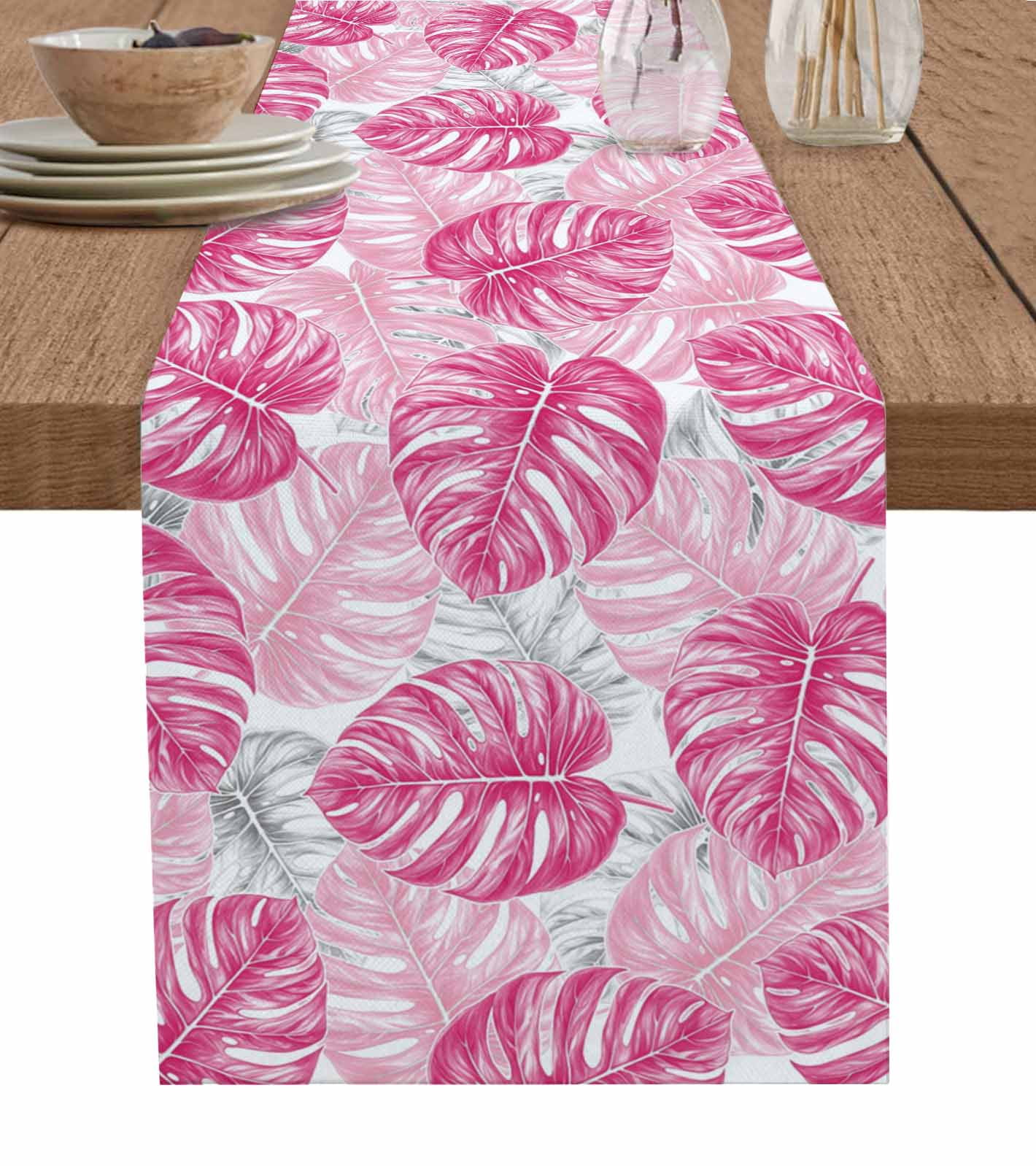 Pink Palm Leaves Table Runner Summer Botanical Grey Tropical Plants ...